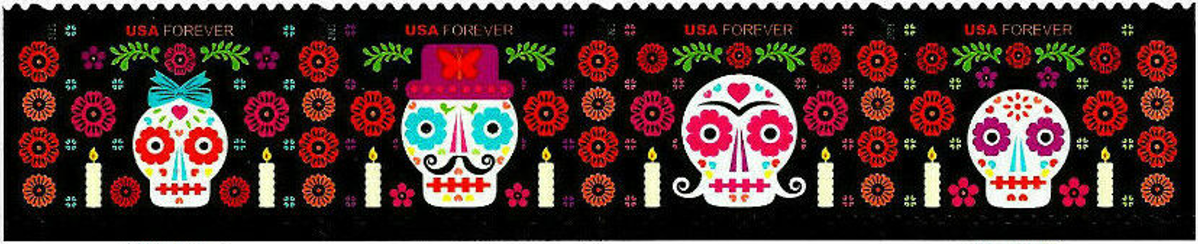 Day of the Dead stamps illustrated, designed by Mexican artist